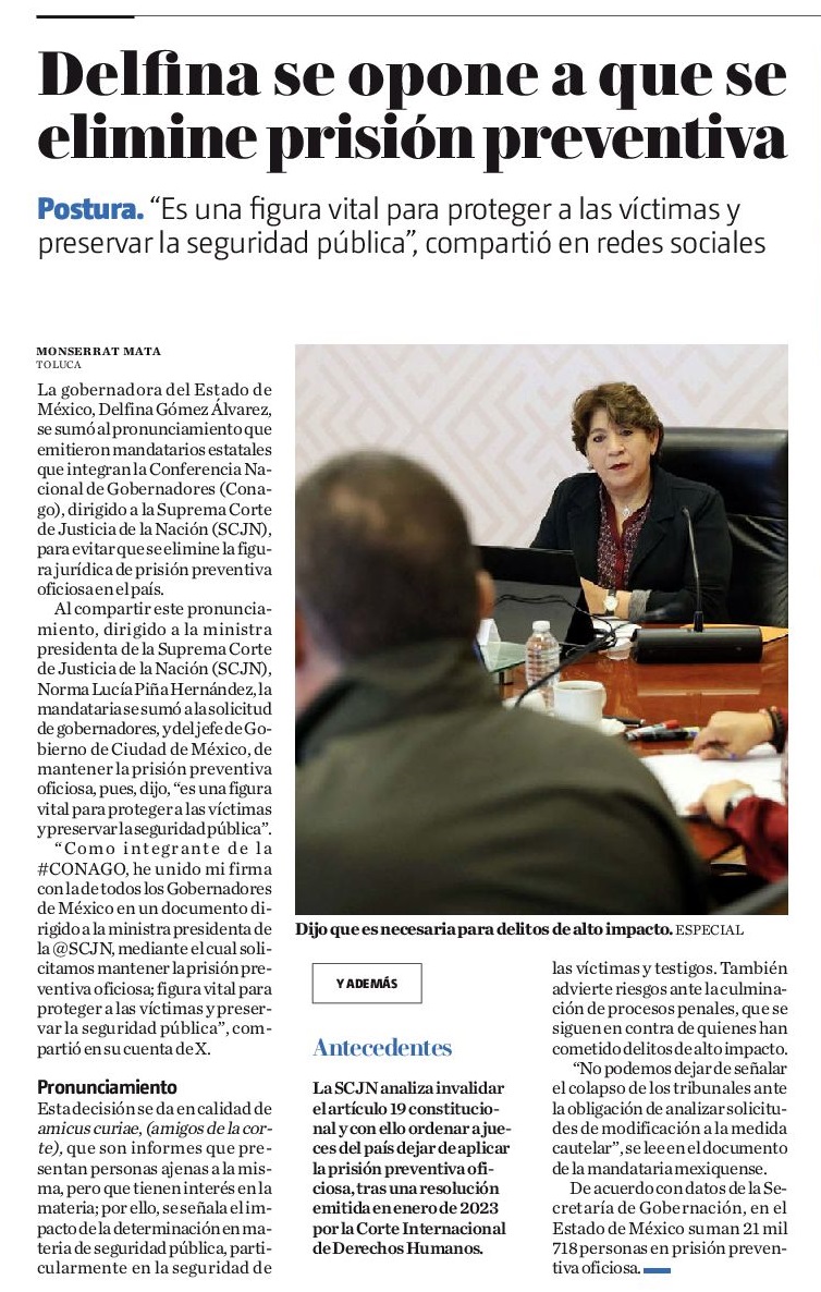 Delfina se opone a que se elimine prisión preventiva